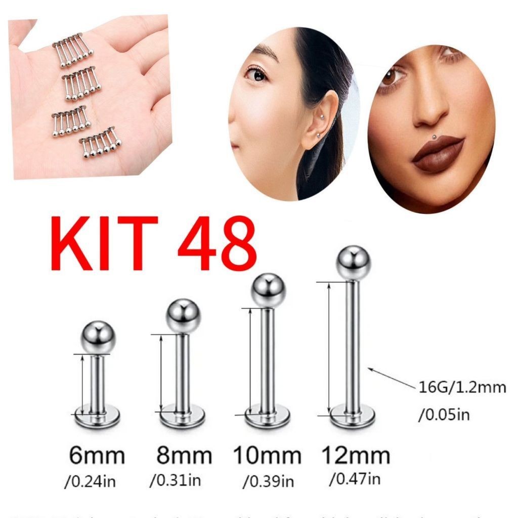 KIT 48(4 cartela) Piercing de Labret Para Boca Tragus Conch Aço inox ...