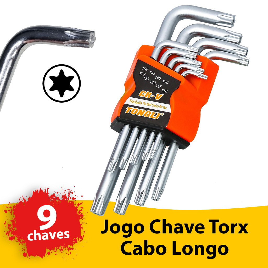 Kit Jogo 9 Chaves Torx Torque Estrela Estriada Tipo L Longa 9 Peças Aço