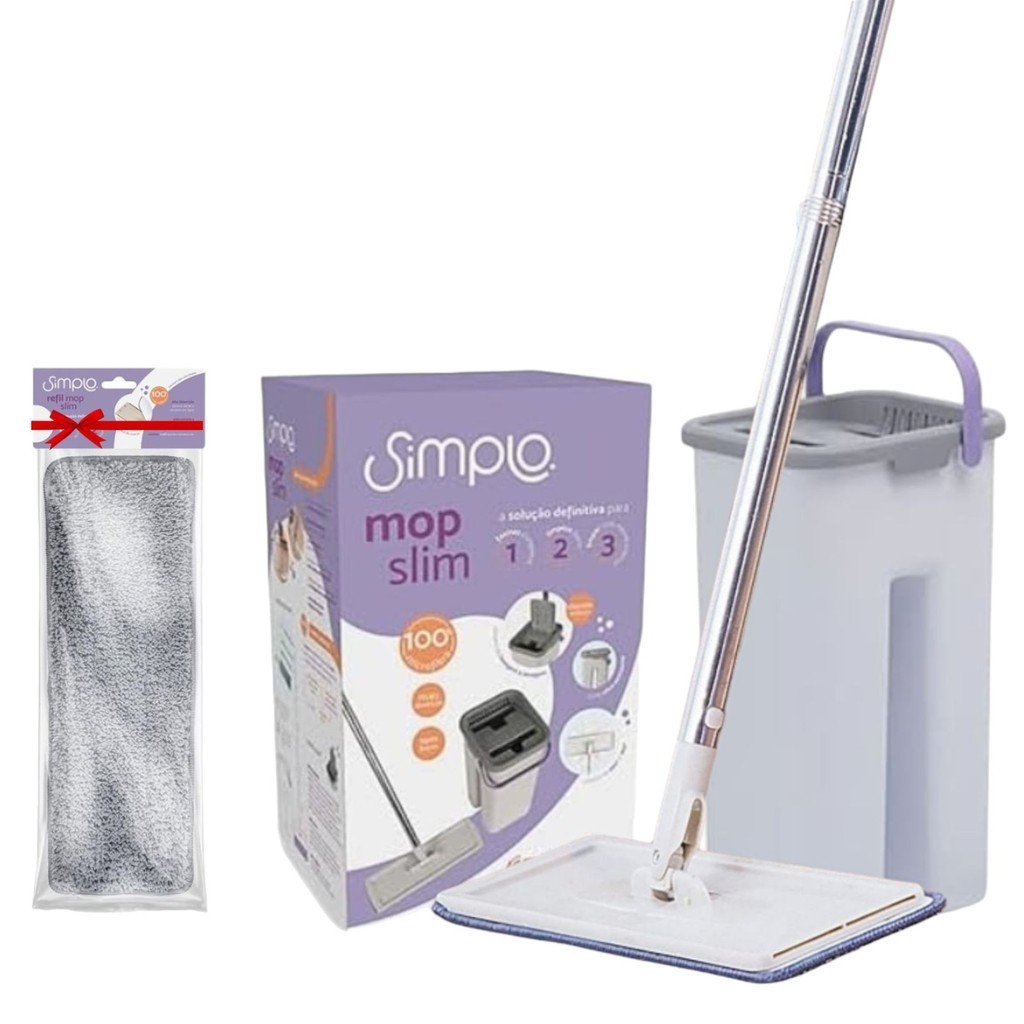 Kit Mop com Balde e Esfregão Slim Simplo + Combo de 1 Refil Extra 100% ...