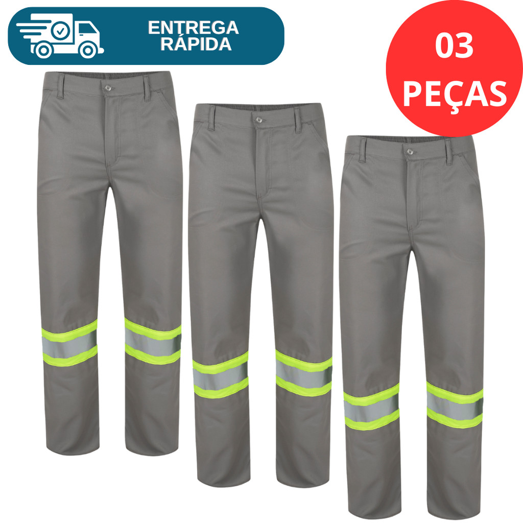 Kit 3 Calça De Brim Com Faixa Refletiva 1/2 Elástico Uniforme ...