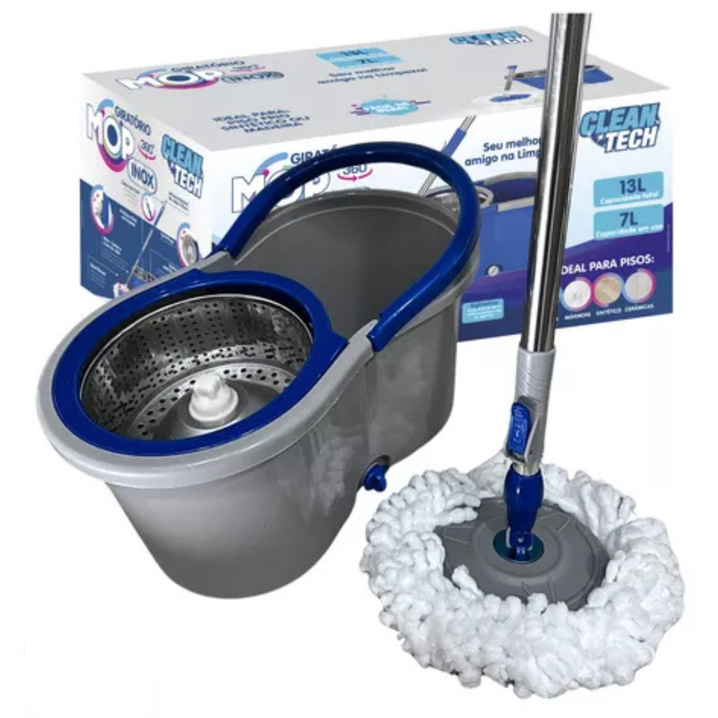 Mop Giratório 360° Cesto Inox Clean Tech 13L - Cinza | Shopee Brasil