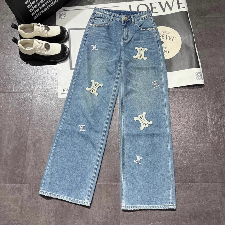 CELINE2025 Inverno Novo Estilo Feminino Arco Triunfal Jeans de Perna ...