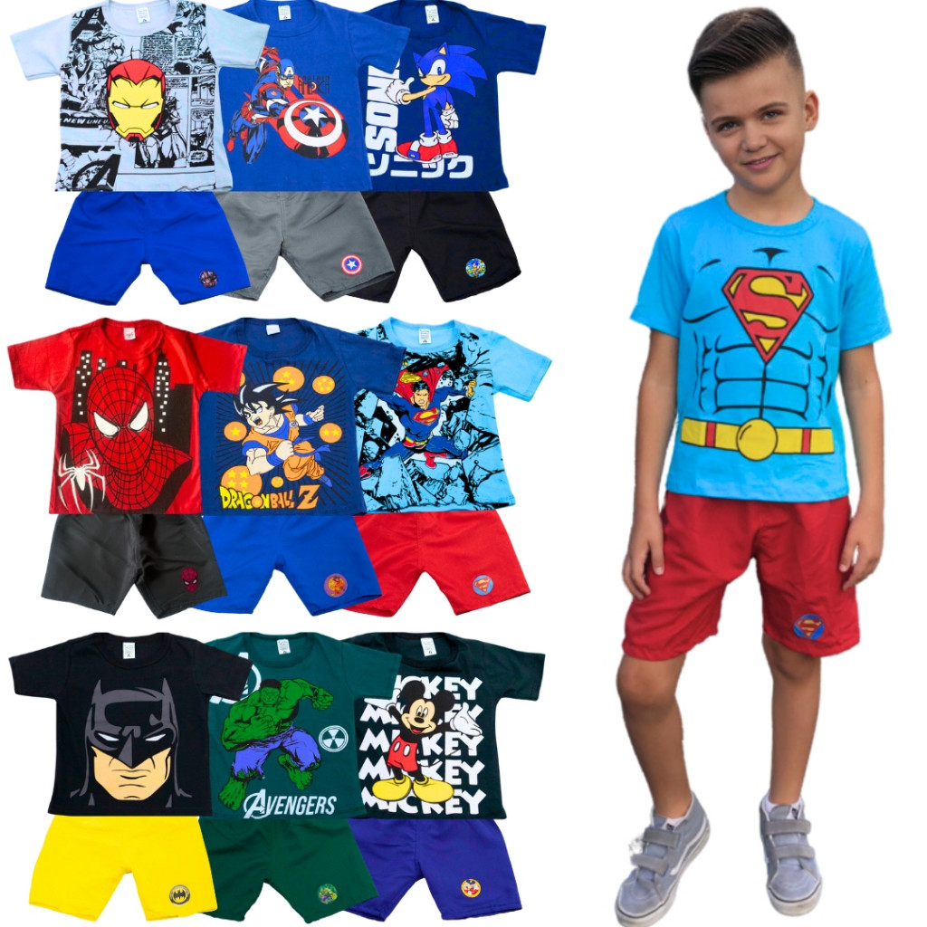 Kit Sortido 6 Peças De Roupa Infantil Menino 3 Camisetas e 3 Bermudas ...