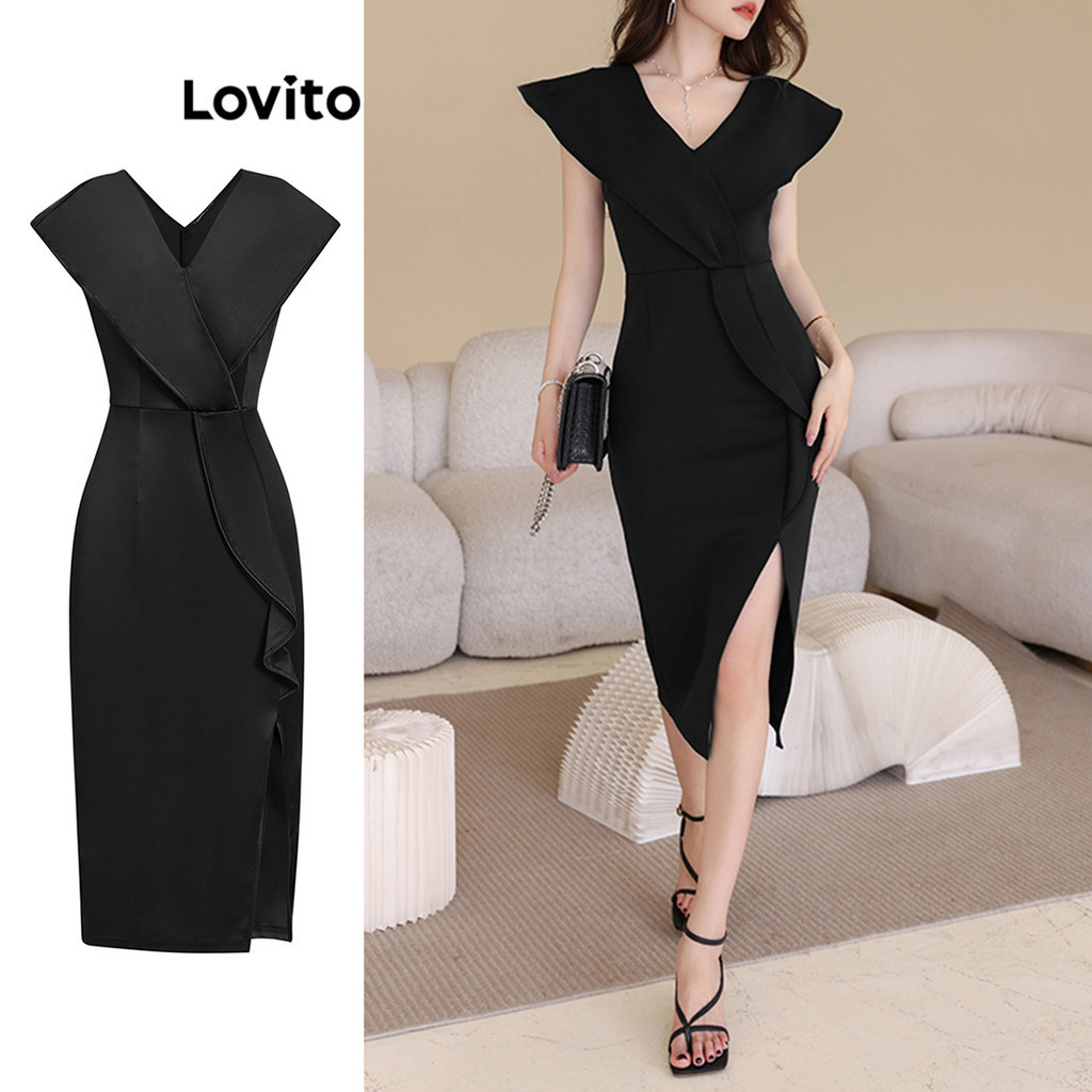 Lovito Casual Vestido Feminino Liso Com Babados L83en369 Shopee Brasil