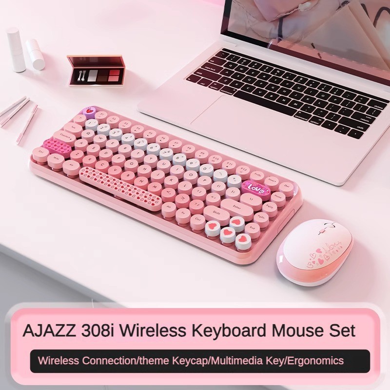 AJAZZ 308i Gradiente Rosa 2.4g Conjunto De Teclado E Mouse Sem Fio Bluetooth Para Meninas ...