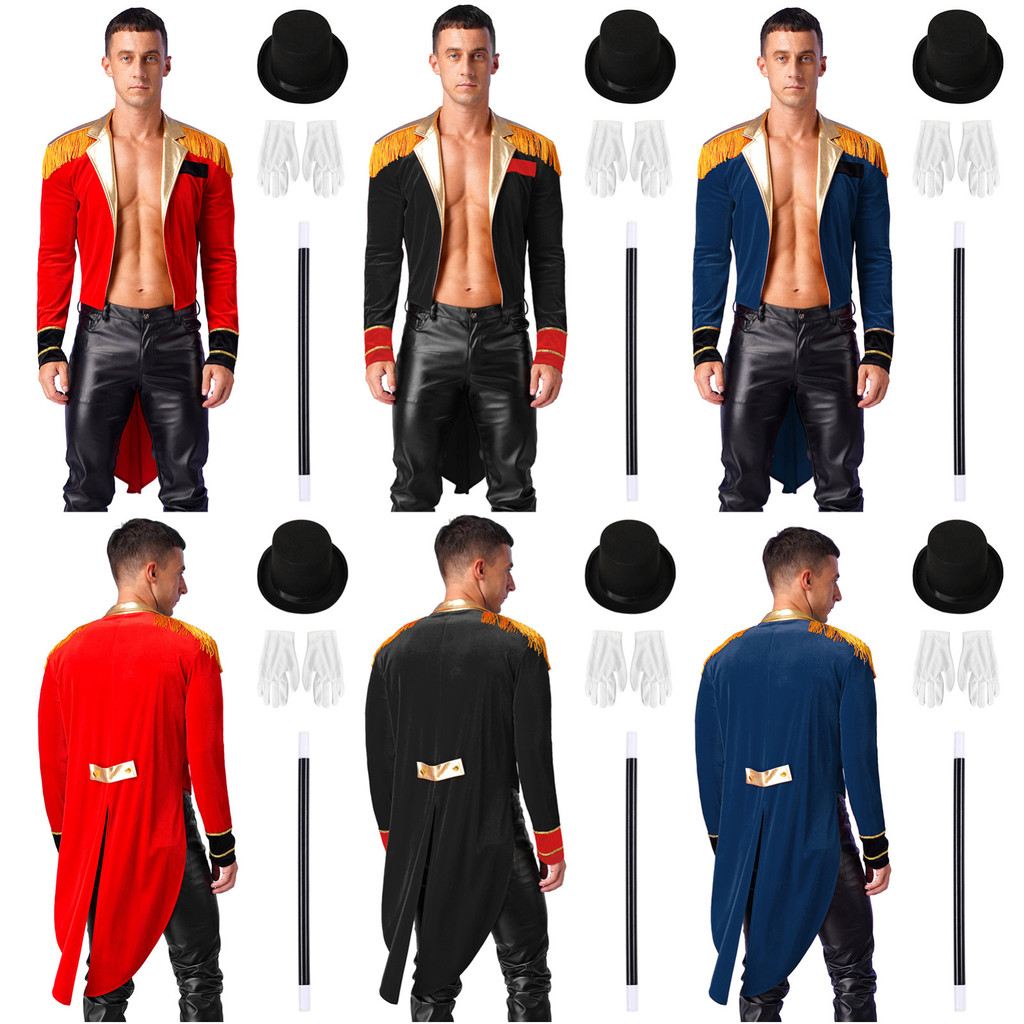MSemis Masculino Mágico Circo Ringmaster Traje Manga Longa Lapela Borla Ombro Aberto Frente ...