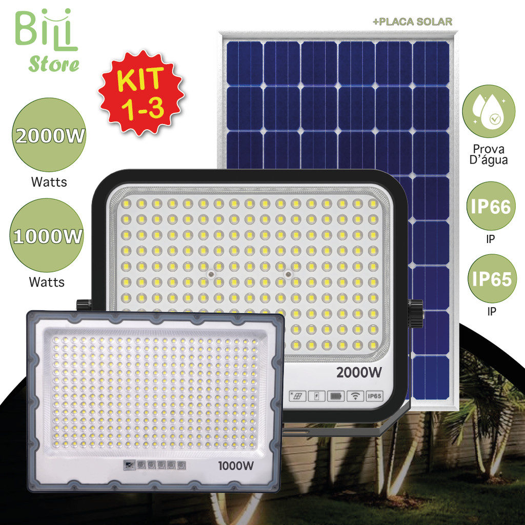 Kit 3 Holofote Solar Refletor Led 2000W ou 1000w Prova D'àgua C/placa ...