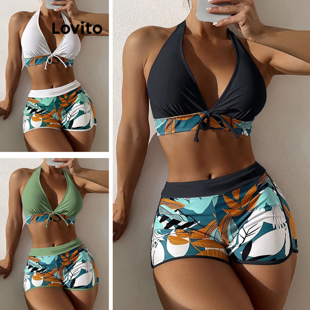 Lovito Sexy Conjunto Feminino Biquíni Com Laço Estampa De Plantas