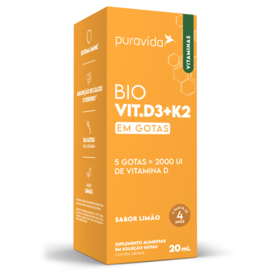 BIO VITAMINA D3 + K2 PURA VIDA EM GOTAS 20ML - VIT D SABOR LIMÃO | Shopee Brasil