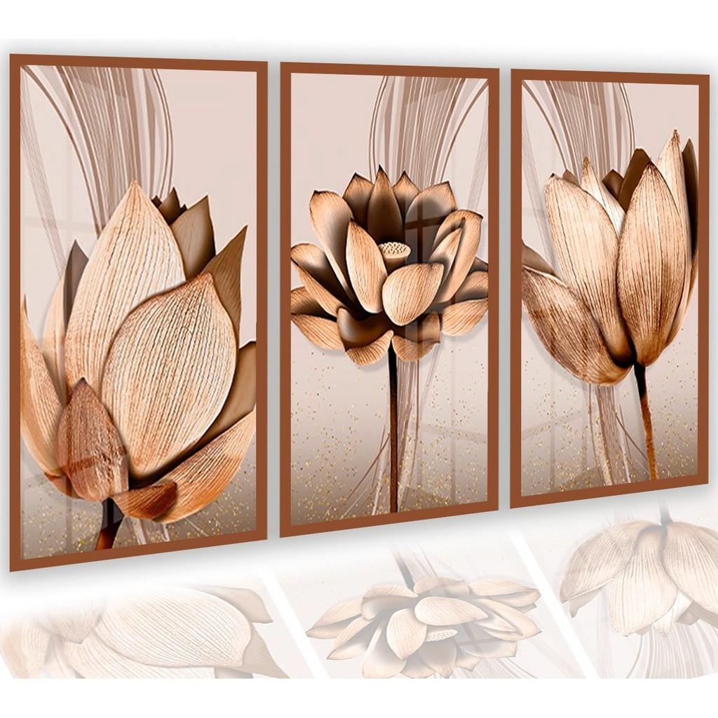 Kit 3 Quadros Decorativos Vinílicos Flor Ton Cobre Luxo Gold Folhas ...