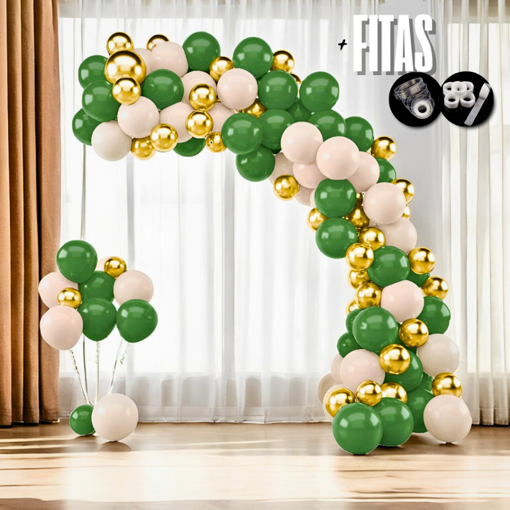 Kit 125 Balões Verde Oliva + Marfim + Dourado + Fita Adesiva e Fita para Arco N'7 - N'5 | Shopee ...
