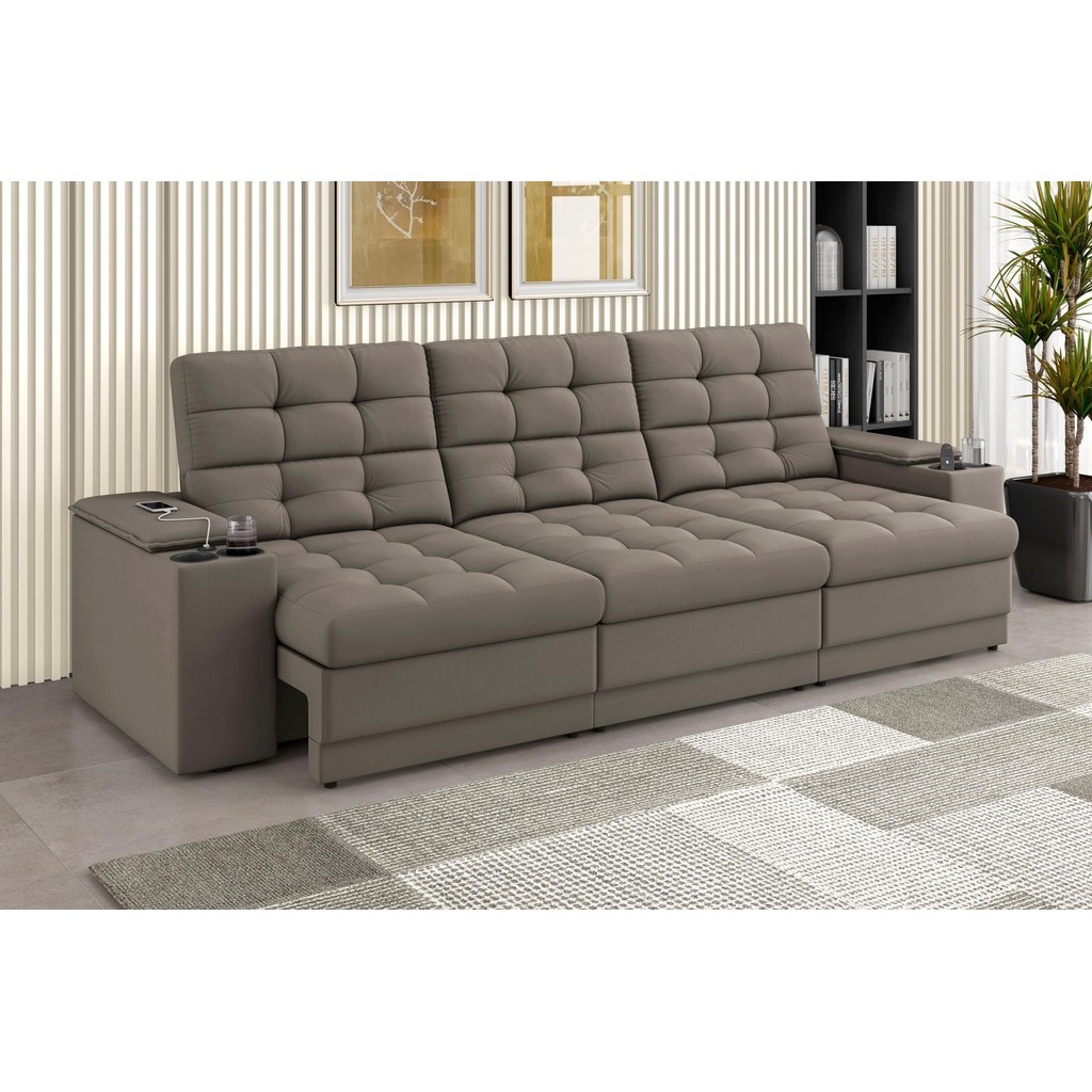 Sofá Confort Premium 2,30m Assento Retrátil/Reclinável porta copos e USB Suede Capuccino-XFlex ...