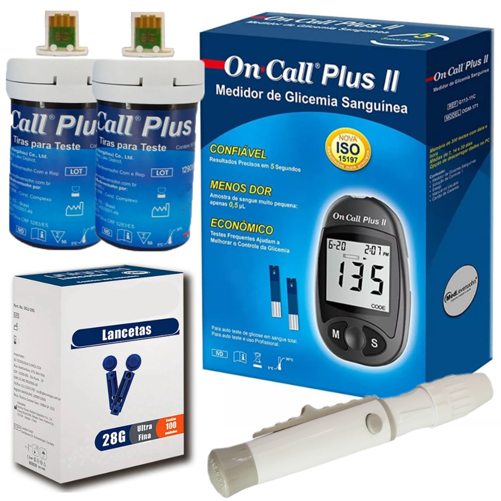 Kit Medidor de Glicose On Call Plus 2 + 100 Tiras + 100 Lancetas ...