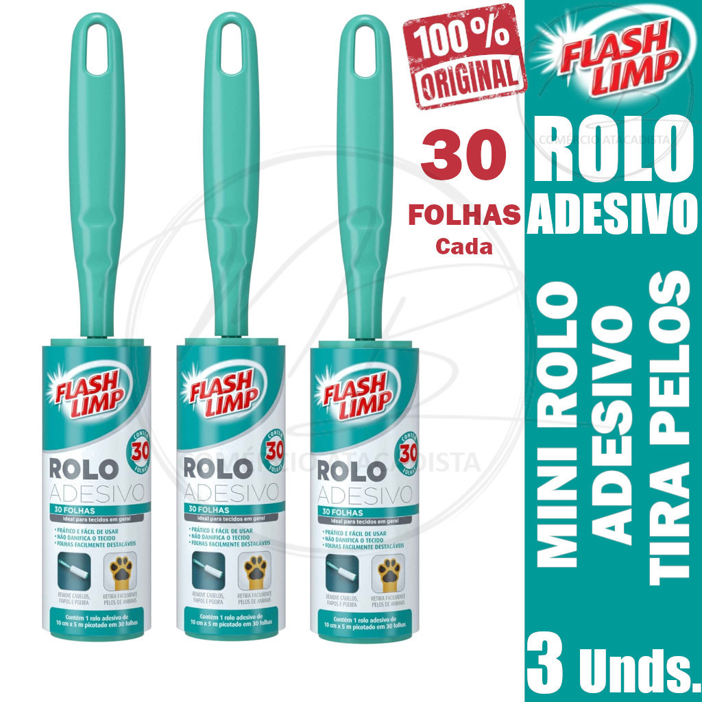 Kit 3 Mini Rolo Adesivo Tira Pelos 30 folhas - Flash Limp | Shopee Brasil