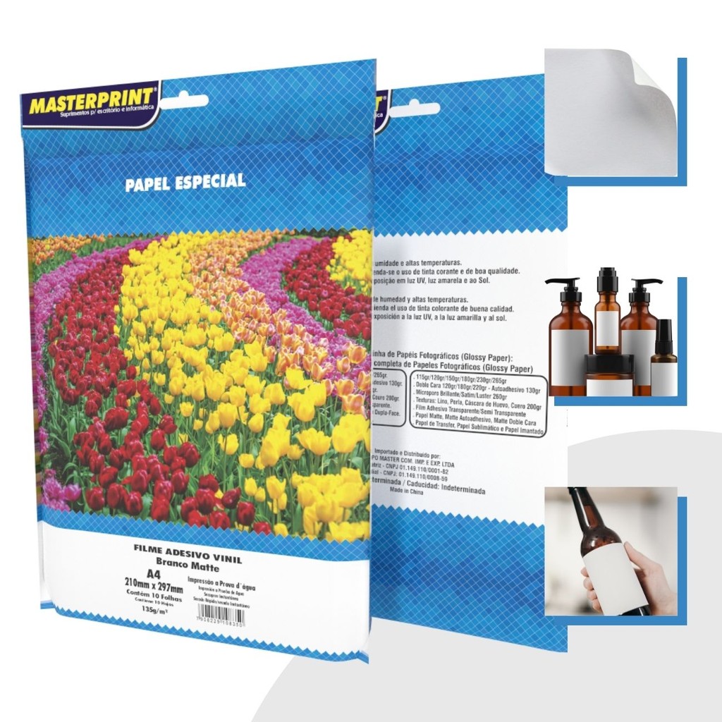 Filme Adesivo Vinil Branco Fosco Matte 135g A4 10 folhas Masterprint ...