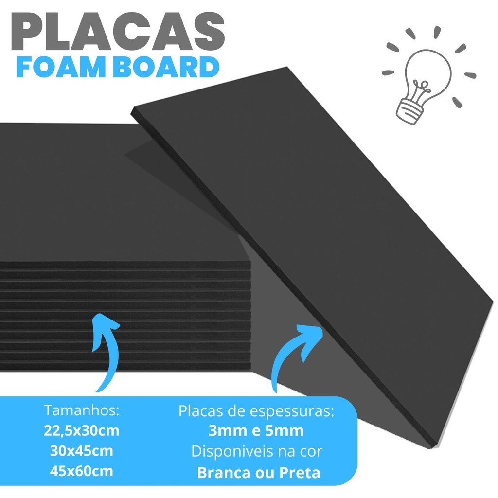 12x Placa Foam Board 30x45cm A3 Preto 5mm Papel Pluma Depron XPS ...