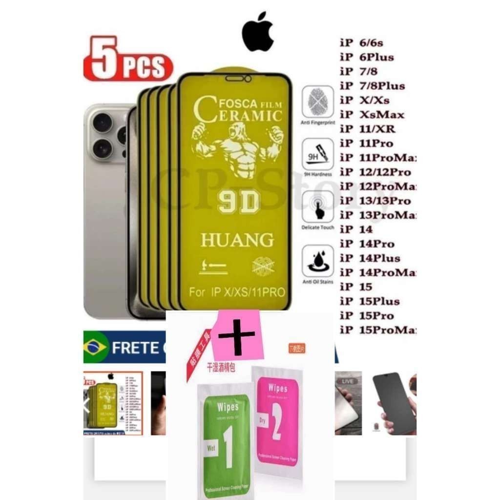 Kit Película Fosca Cerâmica Flexível 9D Hidrogel Todos os modelos iPhone 6 7 8 X XR 11 12 13 14 ...