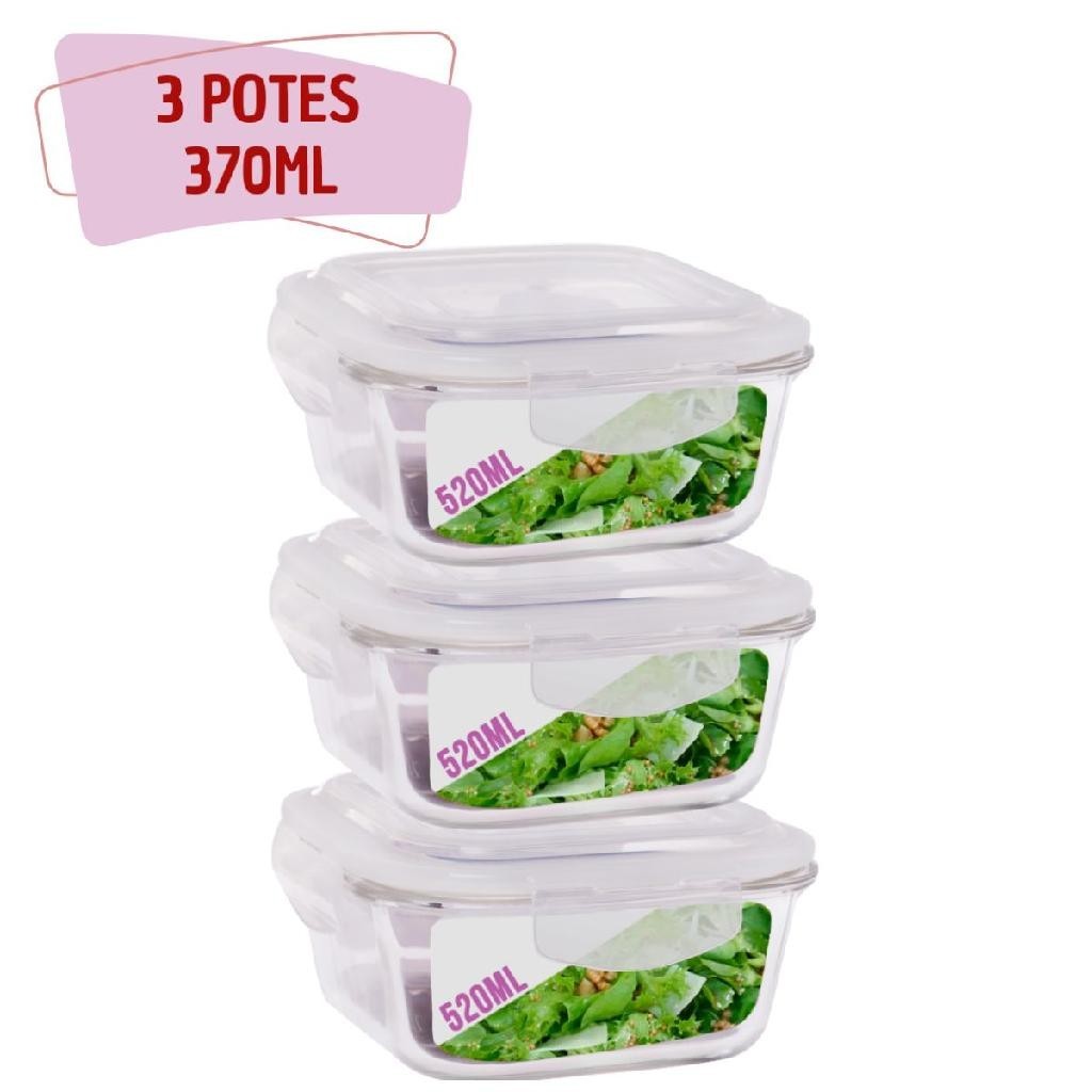 3 Pote Hermetico Quadrado Vidro Tampa Silicone 4 Trava 520ml | Shopee Brasil