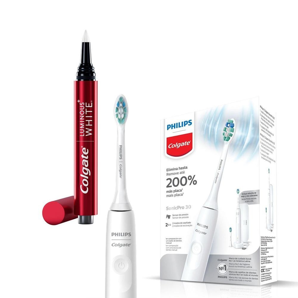 Escova de Dente Elétrica Philips Colgate SonicPro 30 + Caneta Clareadora Dental Luminous White 2 ...