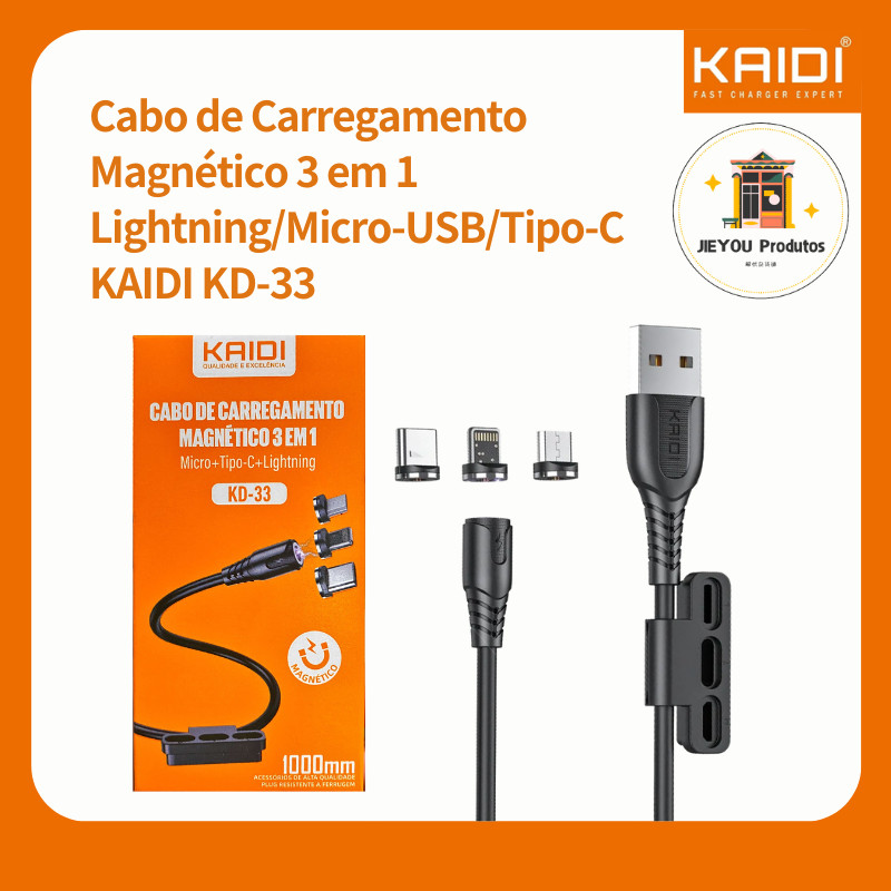 Cabo de Carregamento 3 em 1 Magnético (Lightning/V8/Tipo-C) 1 metro ...