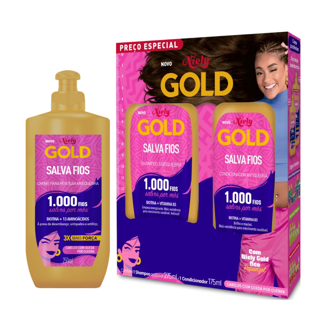 Shampoo e Condicionador Niely Gold Salva Fios + Creme para Pentear ...