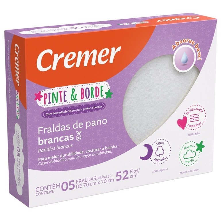 Fralda de Pano Pinte e Borde Branca Cremer Tecido Duplo 100% Algodão 5 ...