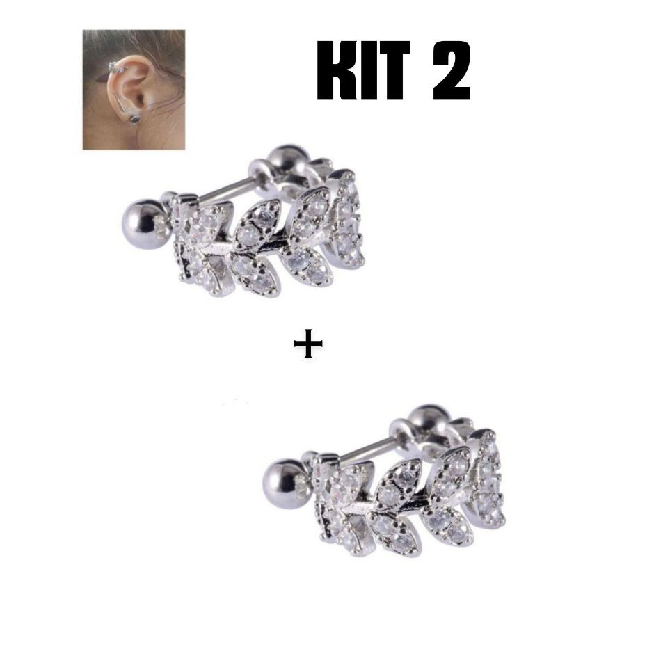 Kit 2 Piercing p/Conch Ramo de Oliveira Cravejado - Cor Prata;Dourado ...