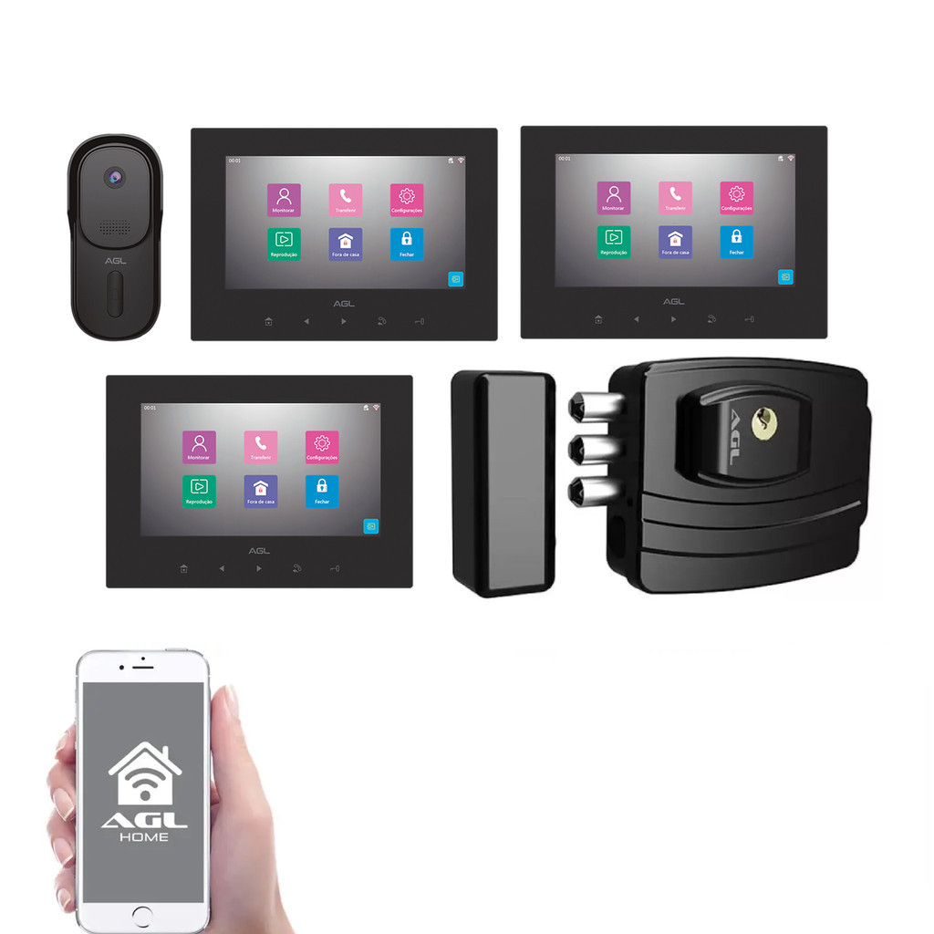KIT VÍDEO PORTEIRO AGL VP7 TOUCH WIFI + 2 MONITOR ADICIONAL + FECHADURA ...