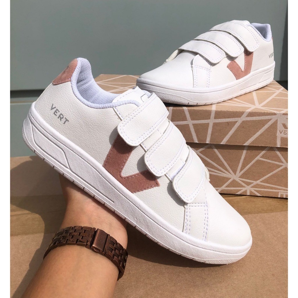 Tenis Calce Facil Velcro Feminino Casual Tradicional Branco e Rosa ...