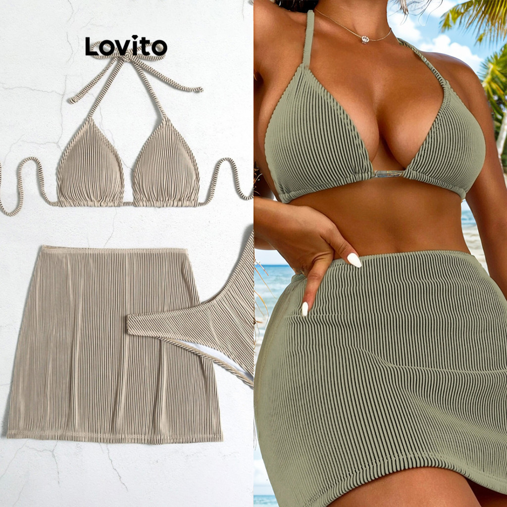 Lovito Sexy Conjunto De Biquíni Feminino Liso Com Costas Abertas E Laço