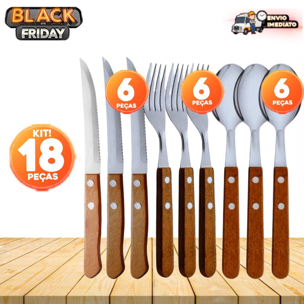 Kit de Talheres de Cozinha Inox com Cabo de Madeira - 18 Peças (6 ...