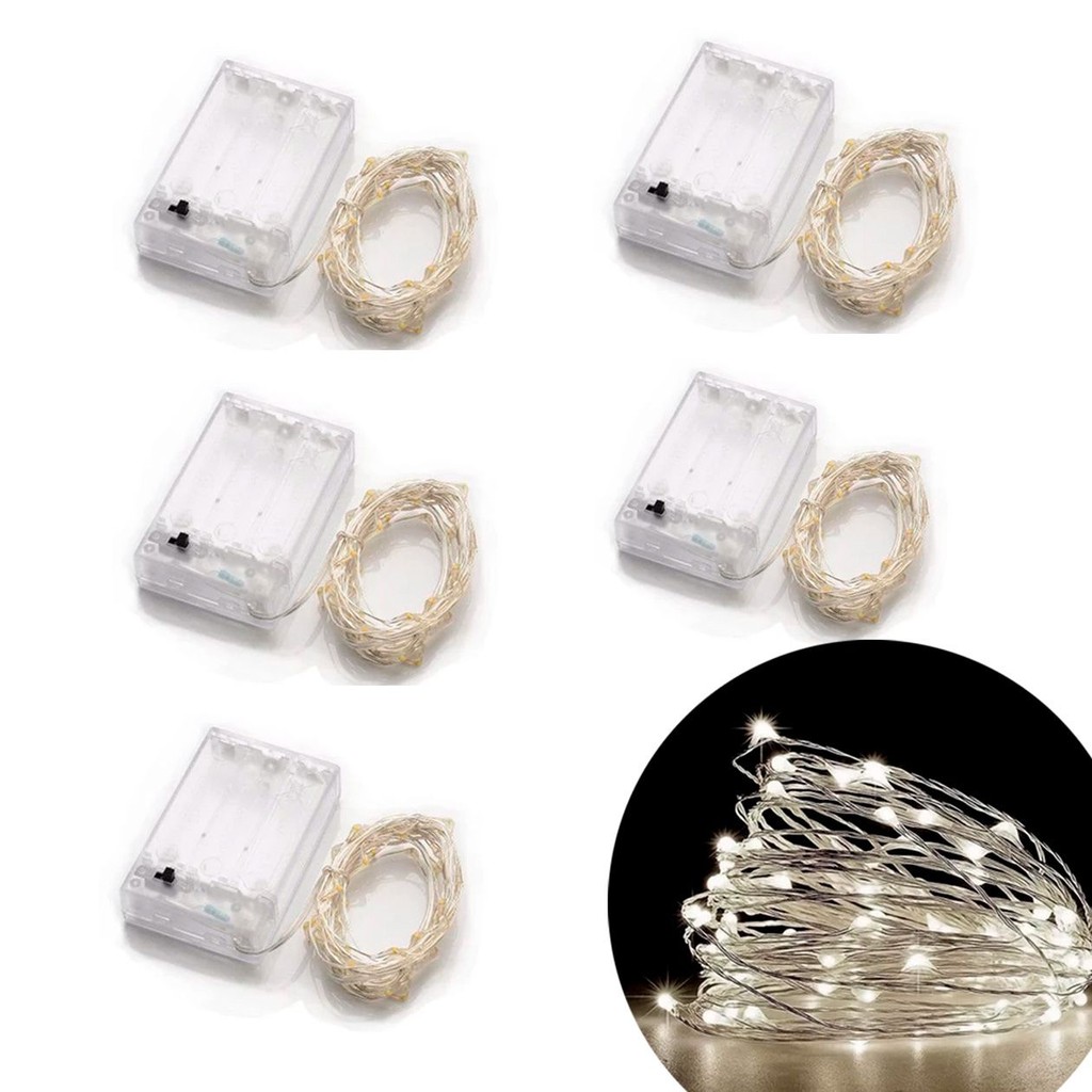 Kit 5 Fio Fada Cordão Led 10m 100 Leds Fixo Pilha Branco Frio | Shopee ...