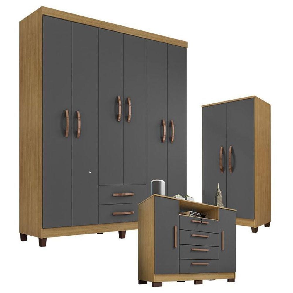 Guarda Roupa Casal Modena Com Cômoda Madri E Armário Multiuso Recife Carvalho Americano Grafite ...