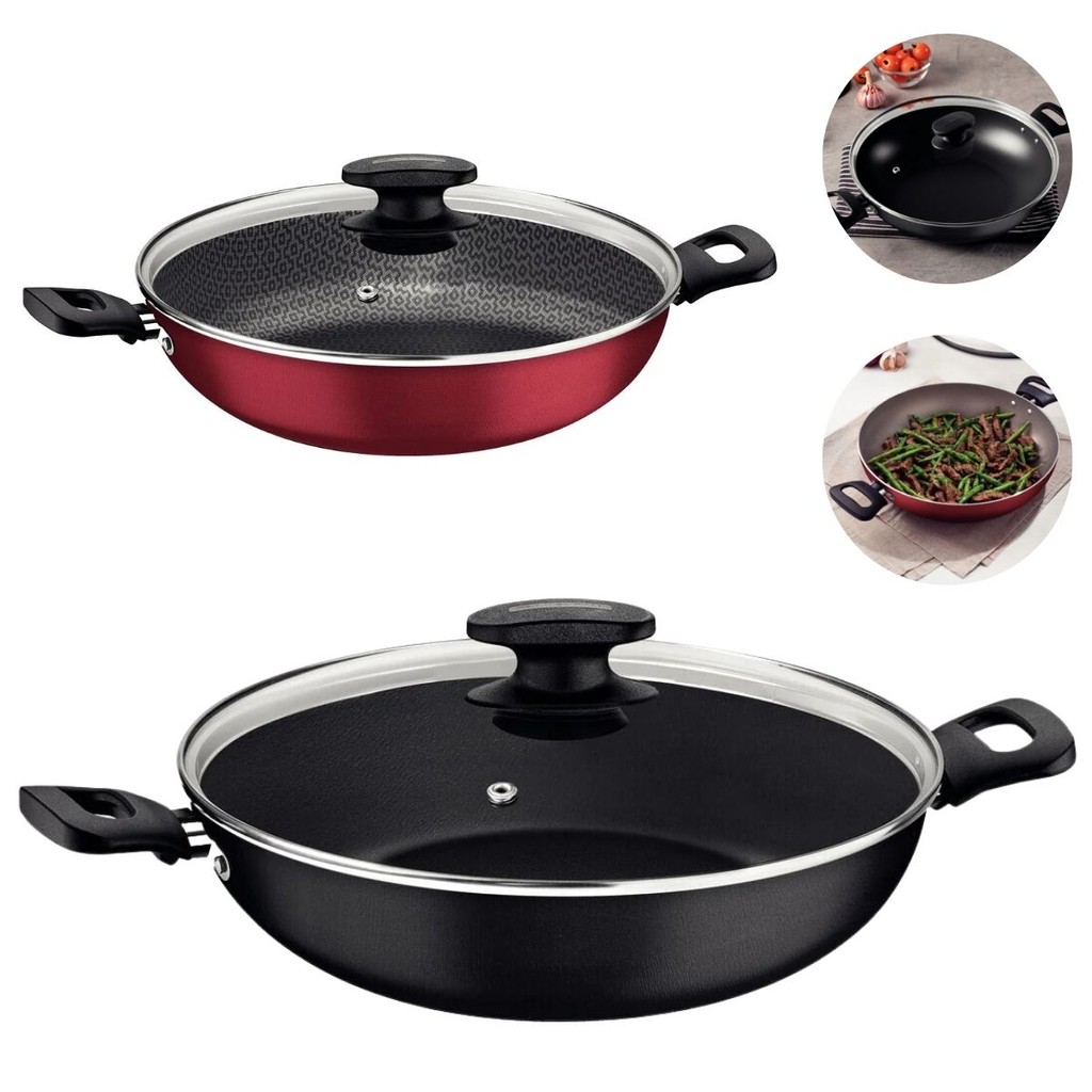 Panela Wok Loreto Antiaderente Tampa de Vidro Temperado 28 cm 3,3L Frigideira Vermelha Preta ...