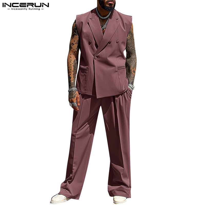 INCERUN Masculino Vintage Moda Sem Mangas Trespassado Cor Sólida Ternos ...