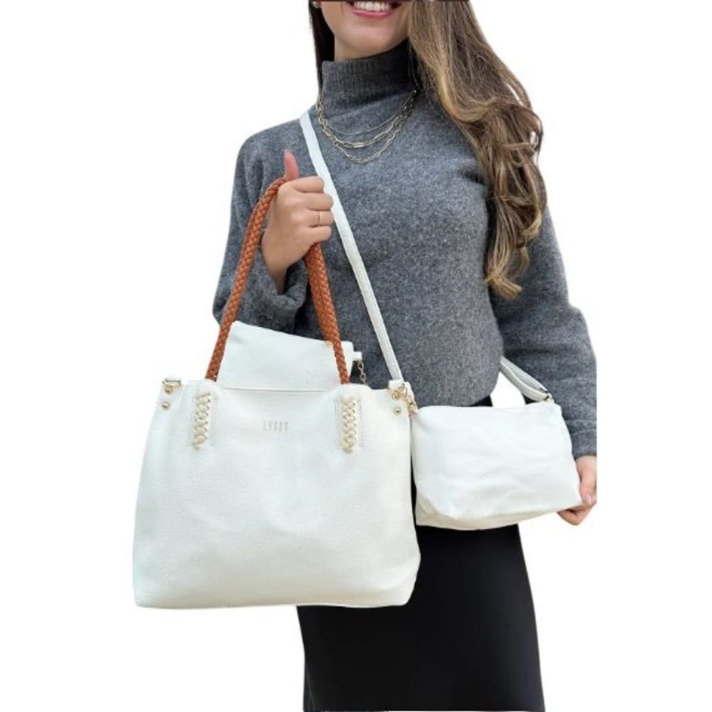 Kit 3 Peças Bolsa Feminina Estilo Tote Lyssa Branca Com Alça Caramelo ...