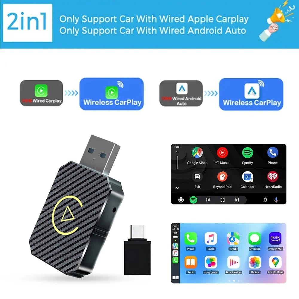 Wireless Carplay Android Auto Adapter 2 in 1 Mini Box Plug&Play CarPlay ...