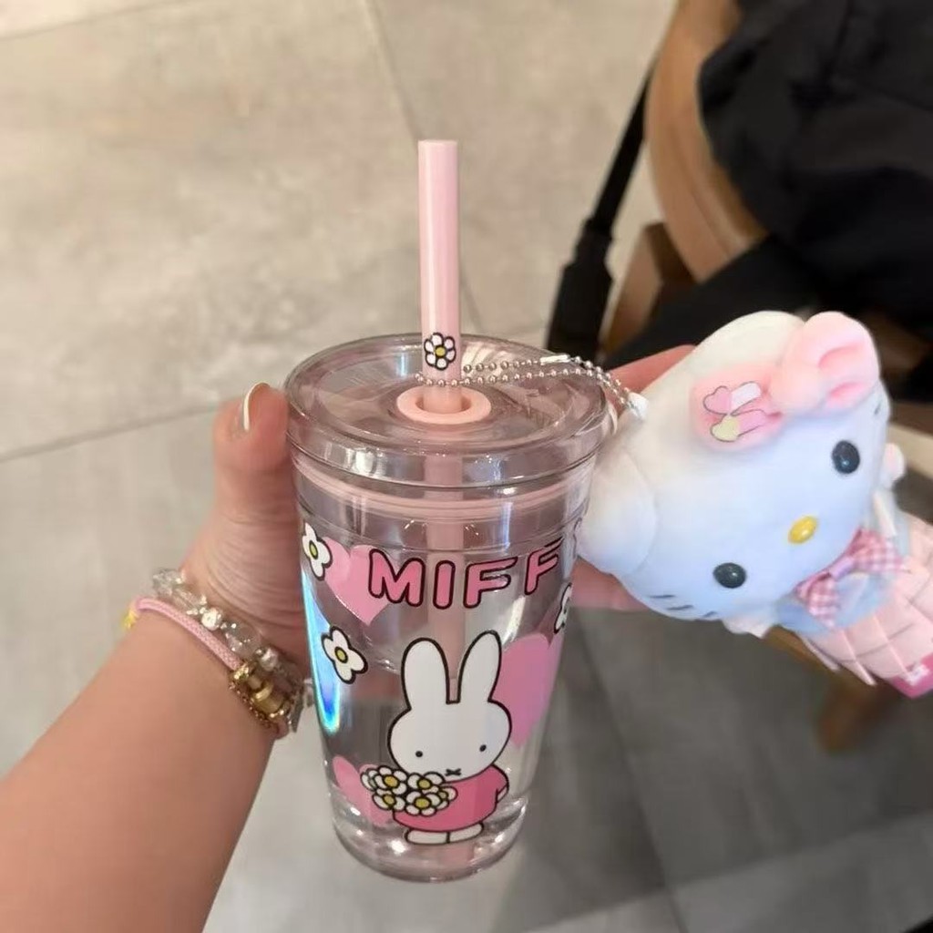 8 rosa bonito Miffy dos desenhos animados copo de palha grande ...