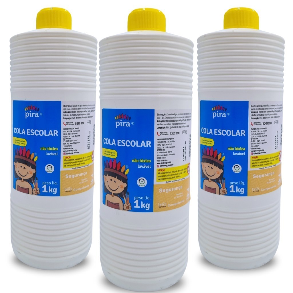 3 Unidades Cola Branca Liquida Multiuso Escolar Pira 1 Kilo Kg Inmetro ...