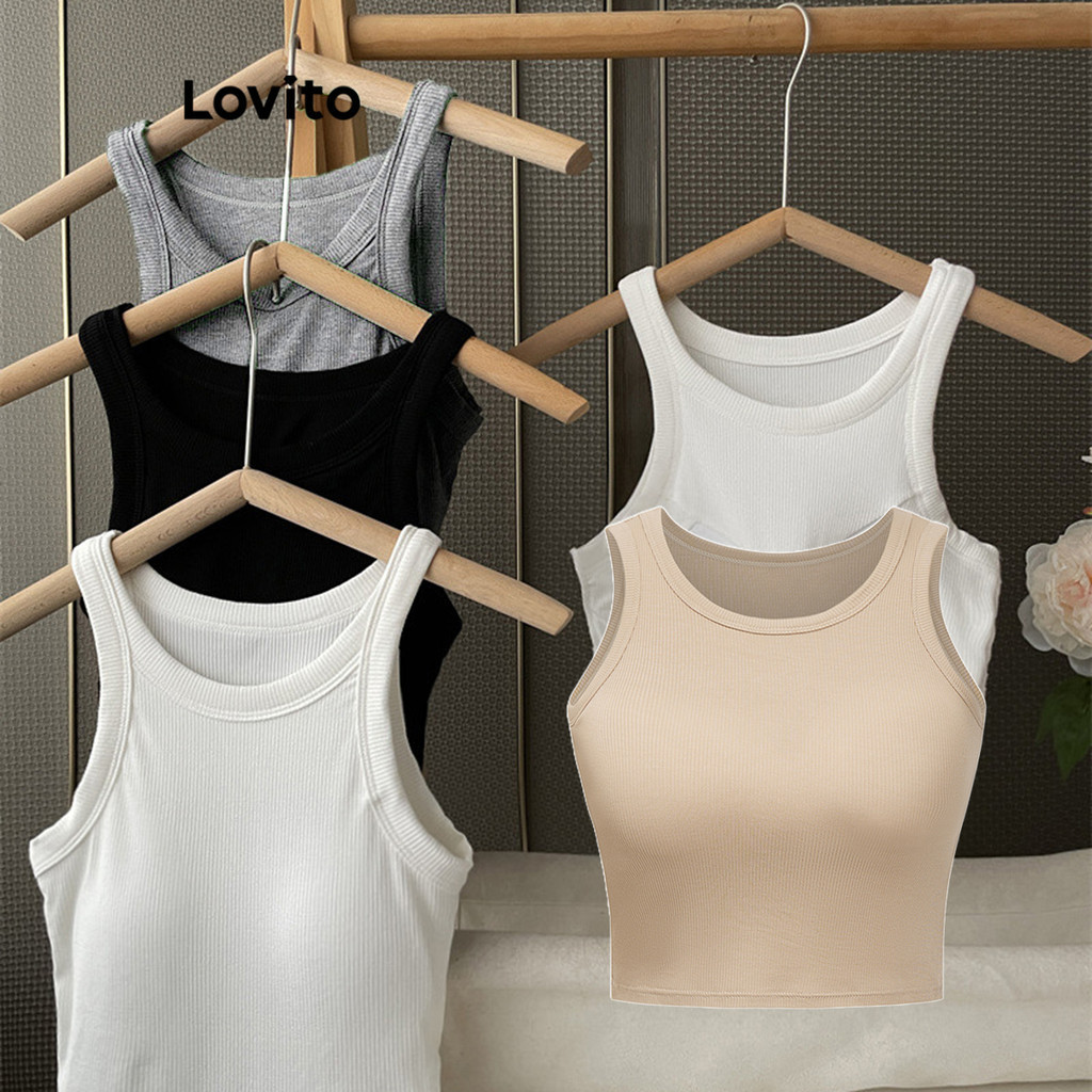 Lovito Tops Regata Básicos com Ombros de Fora para Mulheres LNE17211 ...