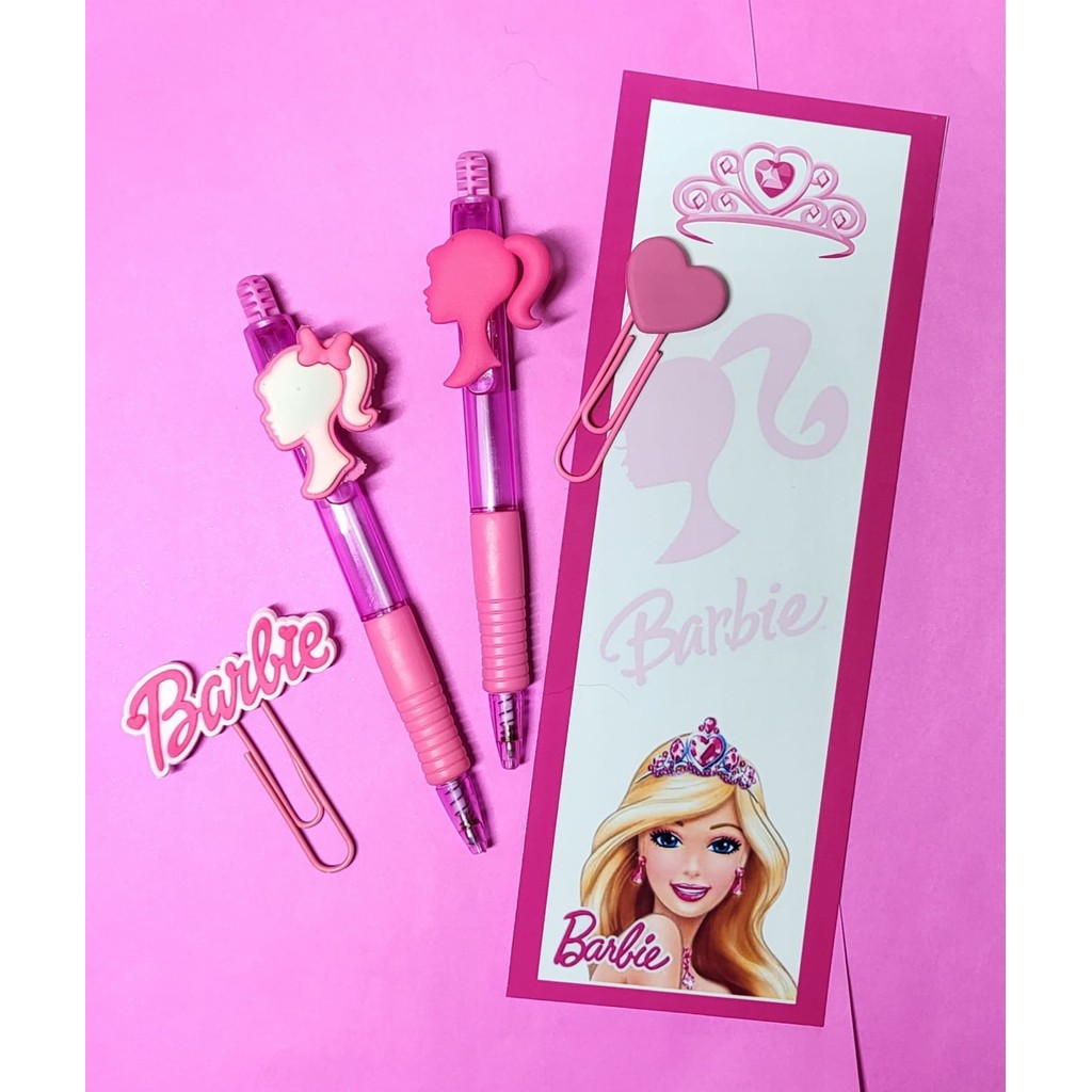 Kit Barbie canetas esferograficas clips marca pagina presente ...