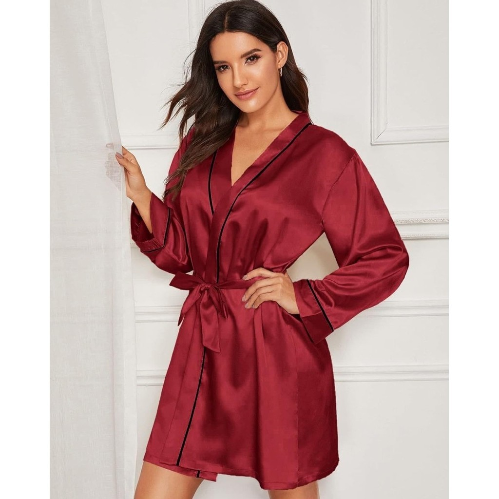 Robe de Cetim Roupão com Elastano Com Mangas Longas Premium - Vermelho ...