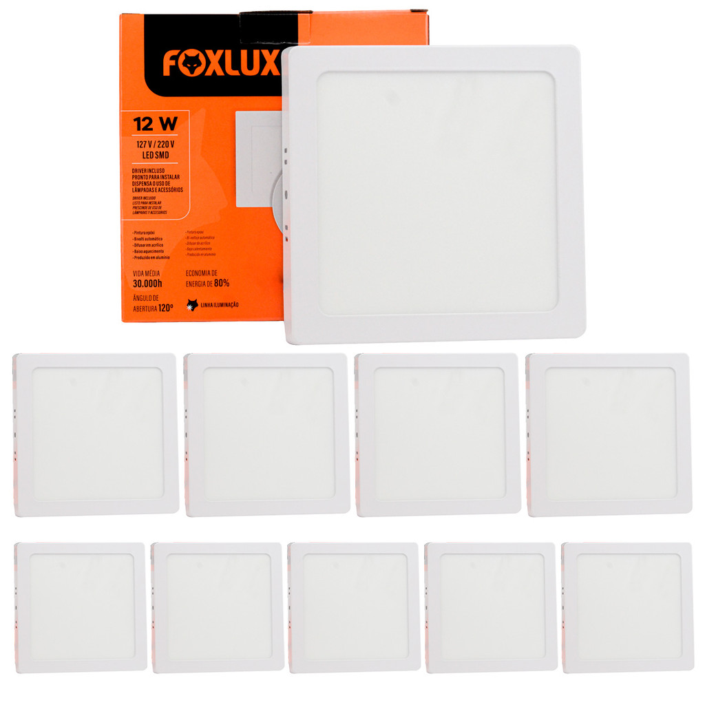 Kit 10 Painel Led Foxlux Quadrado Sobrepor 12W 3000K Bivolt | Luz ...