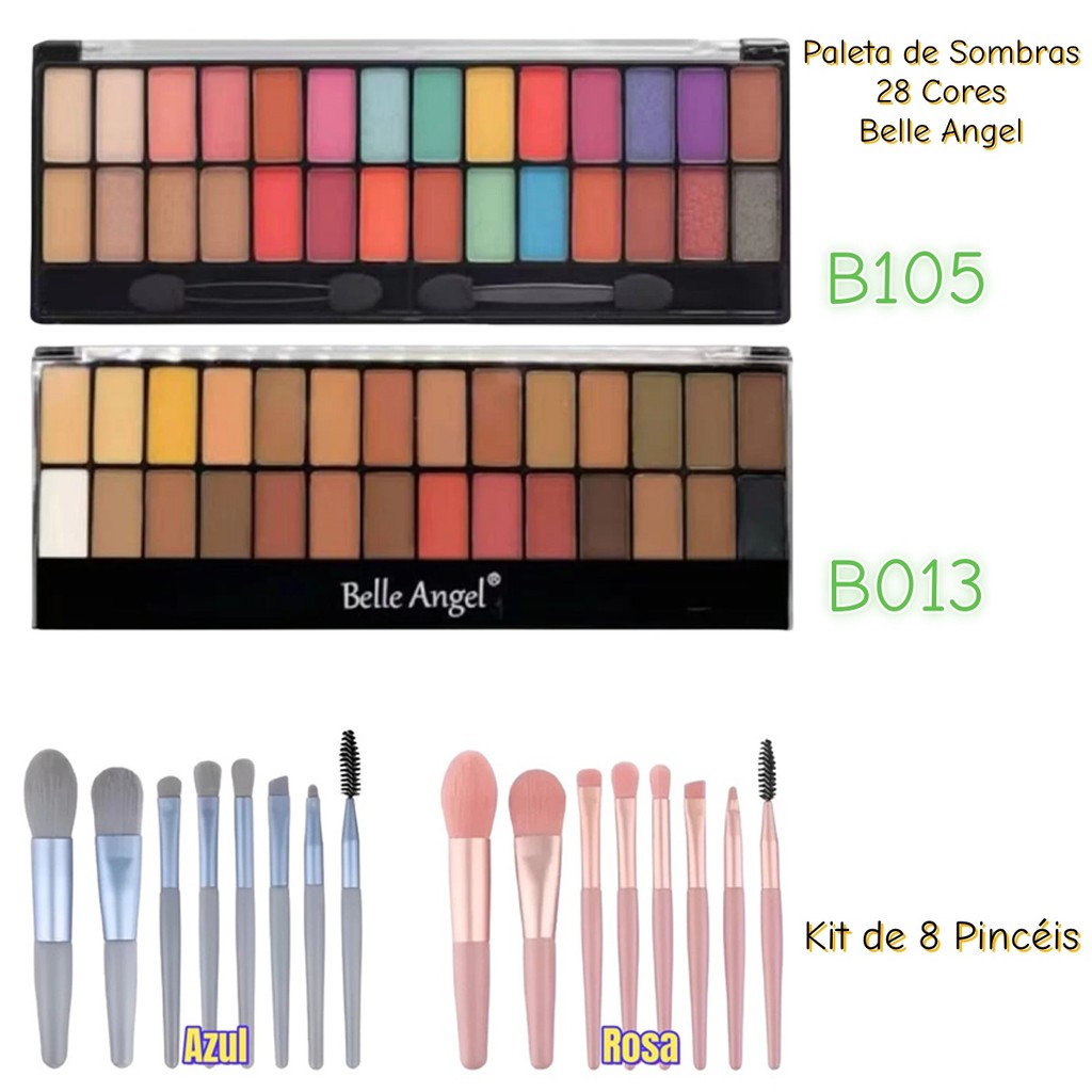 Paleta de Sombras 28 Cores Belle Angel + Kit com 8 Pincéis de Maquiagem | Make Completa e ...