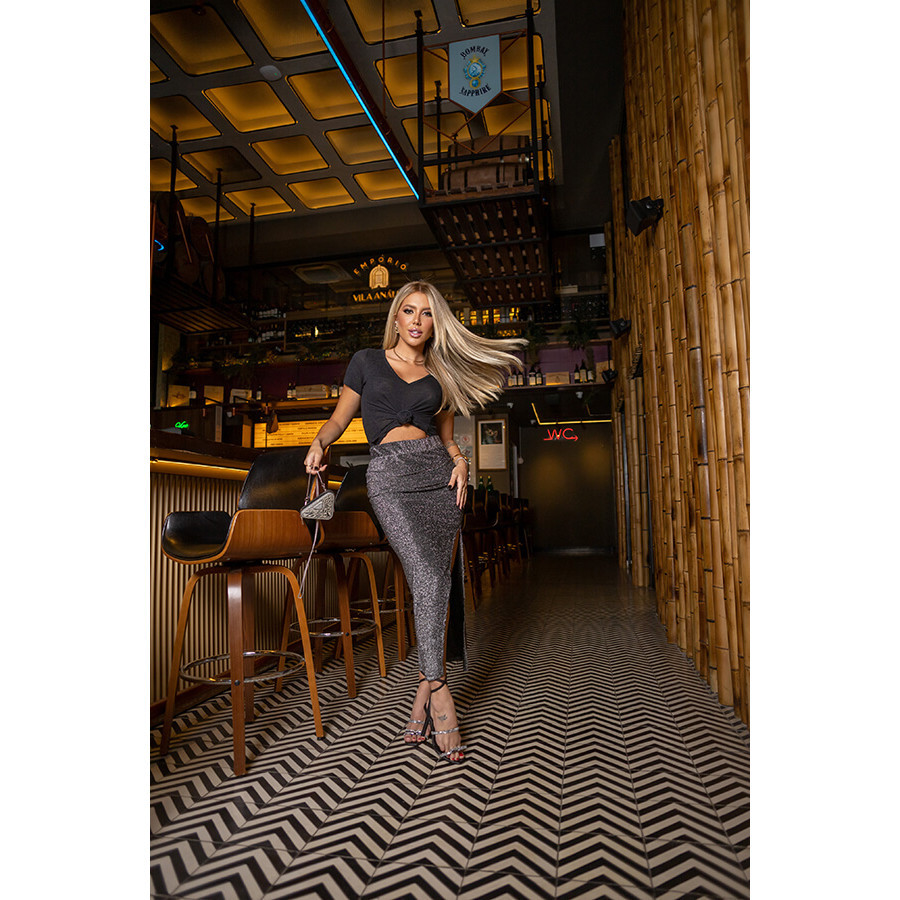 CYNDRA Saia Pregas Lateral Lurex Elegante Brilho Conforto Versatilidade ...