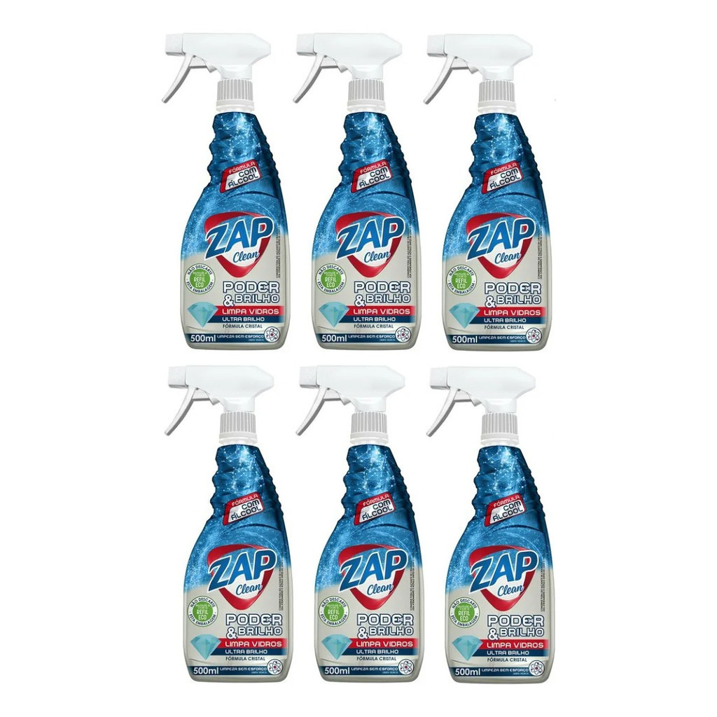 Kit 6un Limpa Vidros Zap Clean Poder e Brilho 500ml | Shopee Brasil