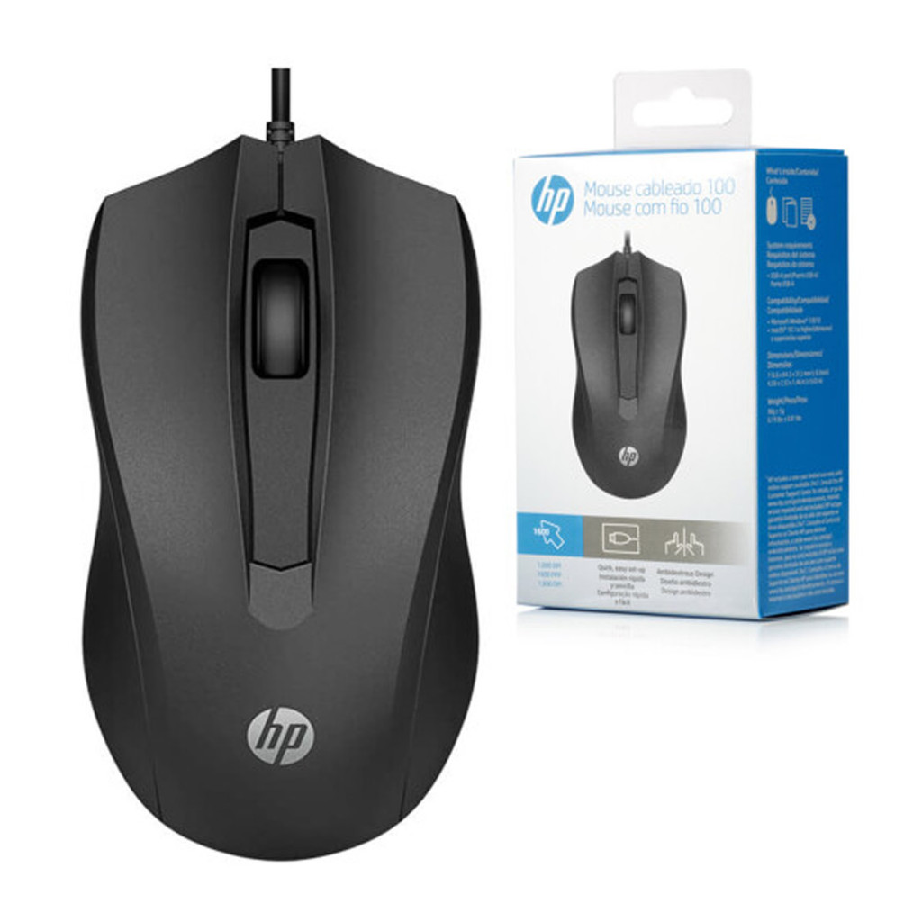 Mouse HP Original e Lacrado com Fio Usb 1600 DPI Preto - HP 100 - Faz a Boa!