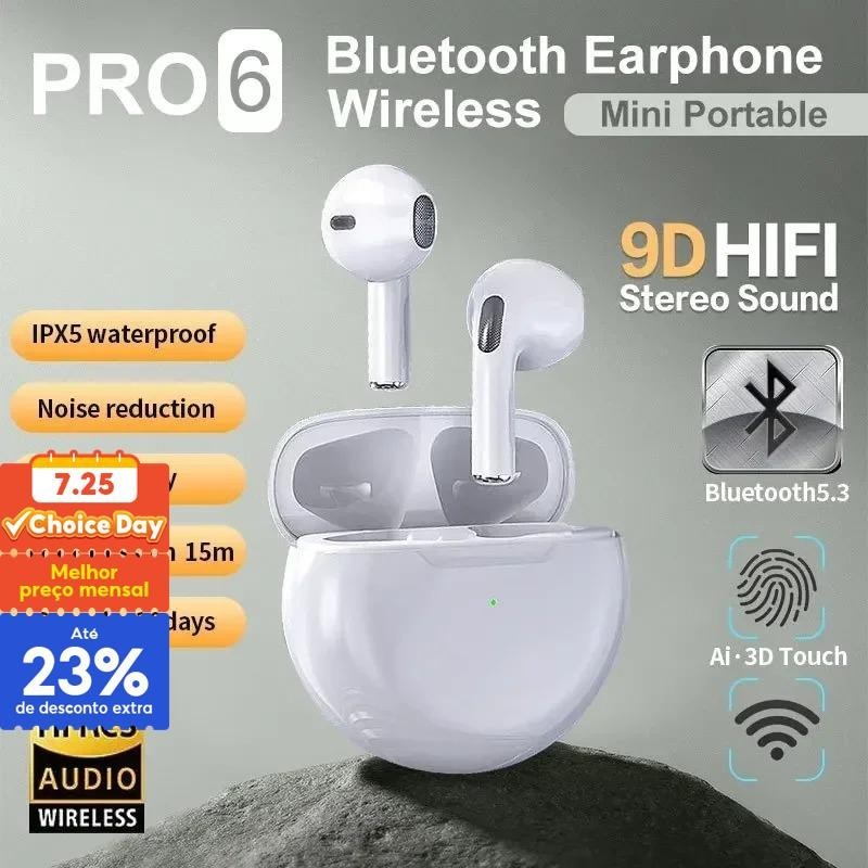 Novo Pro 6 TWS Fones De Ouvido Sem Fio Com Fone Bluetooth Esportivo Para Apple iPhone Xiaomi ...