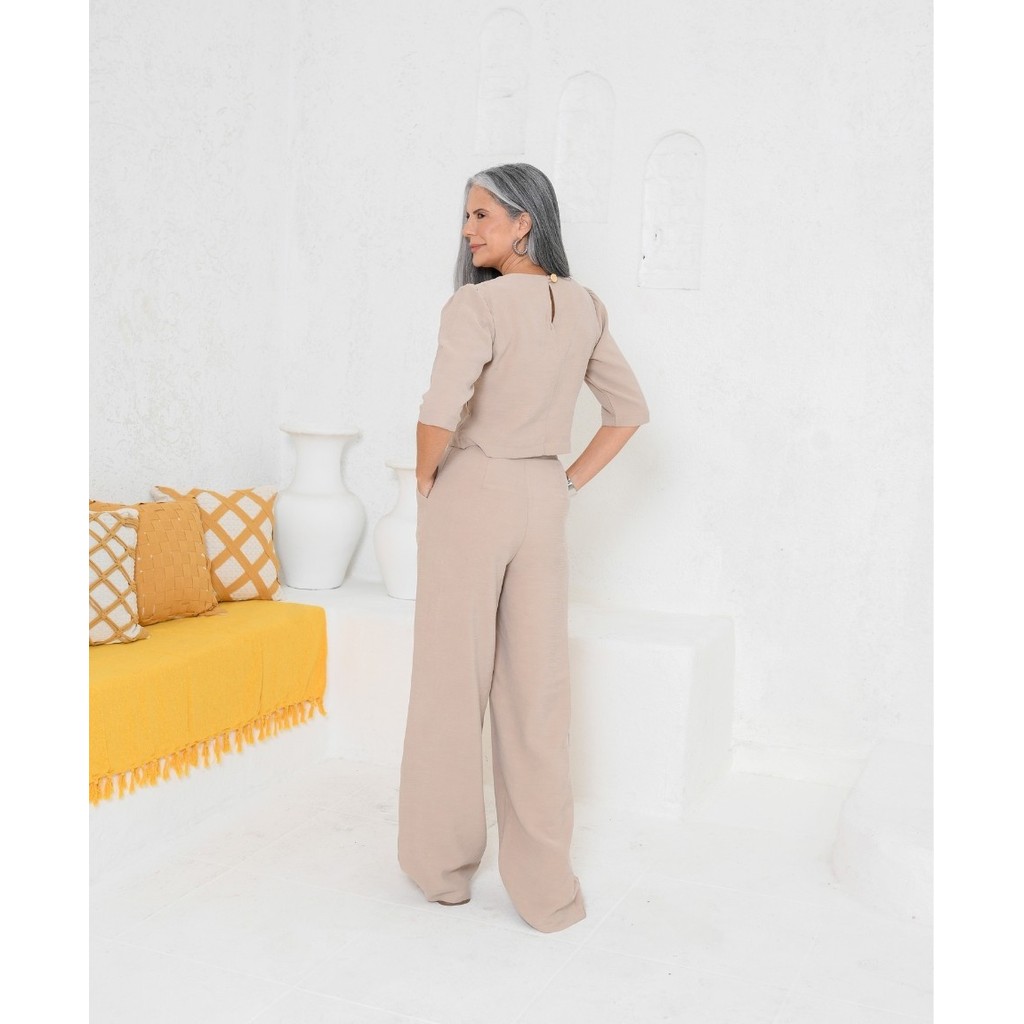 Conjunto Feminino Alfaiataria Calça Wide Leg e Blusa Manga 3/4 ...