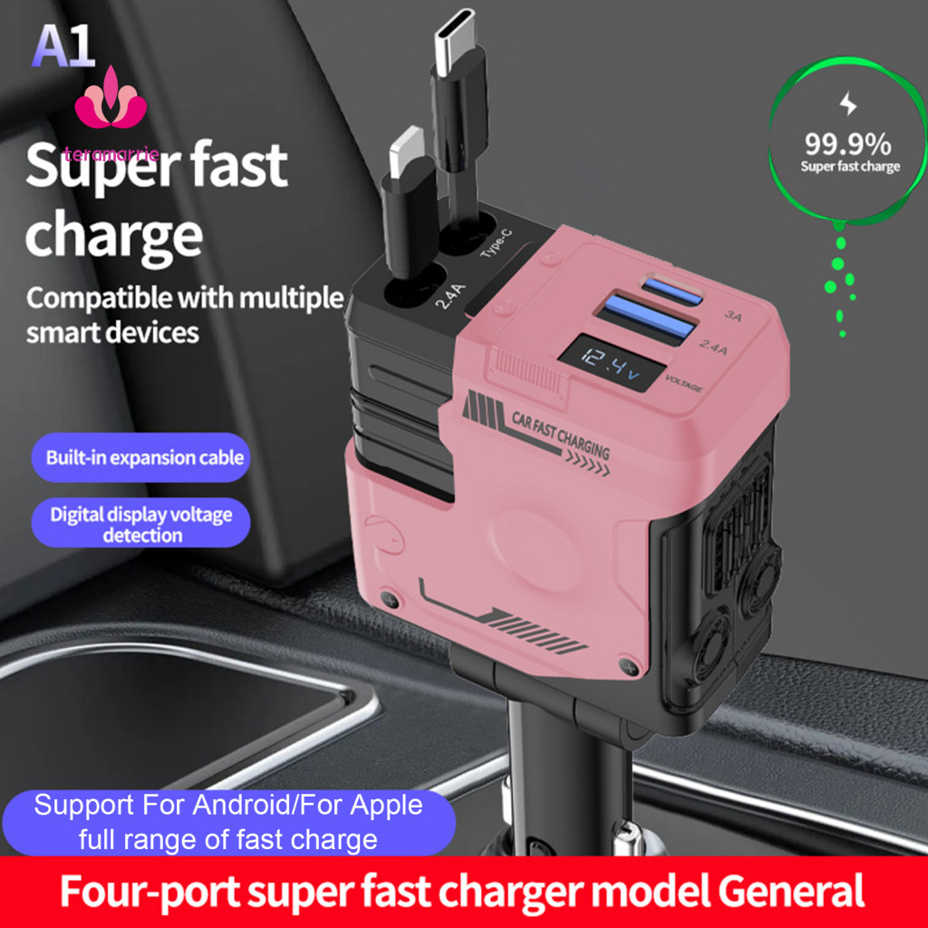 Auto-rewind Retractable Car Charger Type-c and Ios Charging Cables for ...